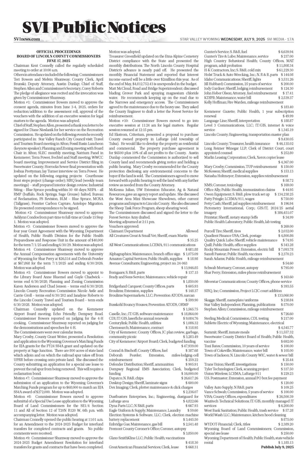 July 9, 2025 Star Valley Independent Public Notices – SVI-NEWS